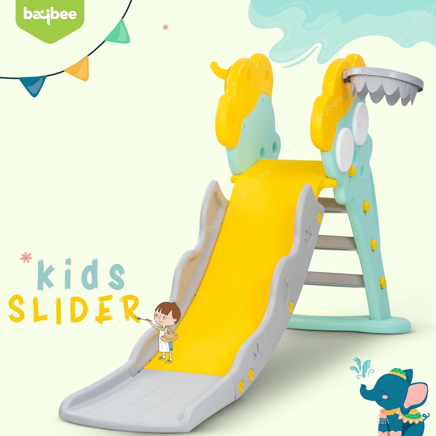 Kiddie Fun Slider - 3-in-1 Foldable Slide, Basketball & Ring Toss Toy