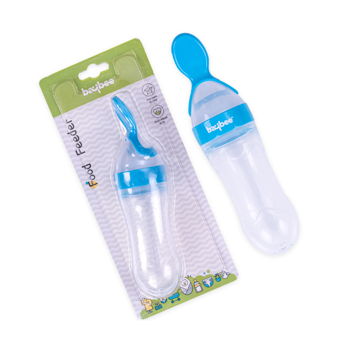 Baby Silicone Squeeze Food Feeder with Measuring Spoon - Blue